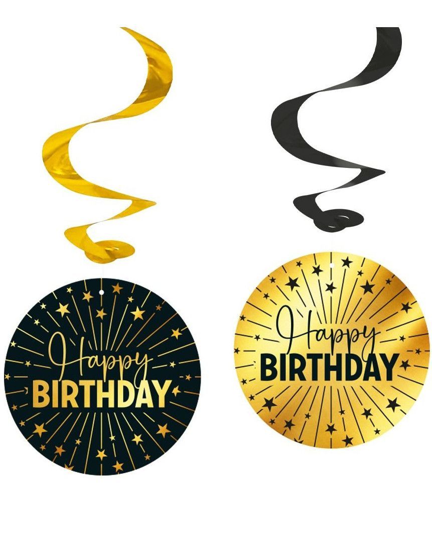 4 stk Happy Birthday Hengende Swirls - Svart og Gull - Hengende ...