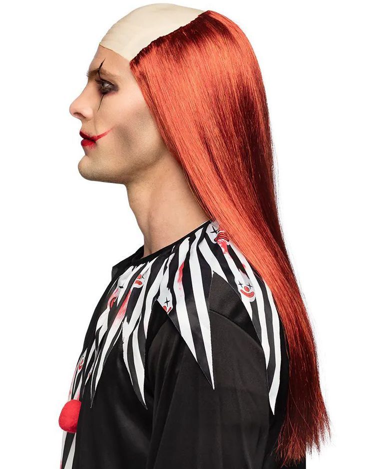 Killer Clown - Lang Rød Parykk med Skallet Panne - Røde Parykker ...