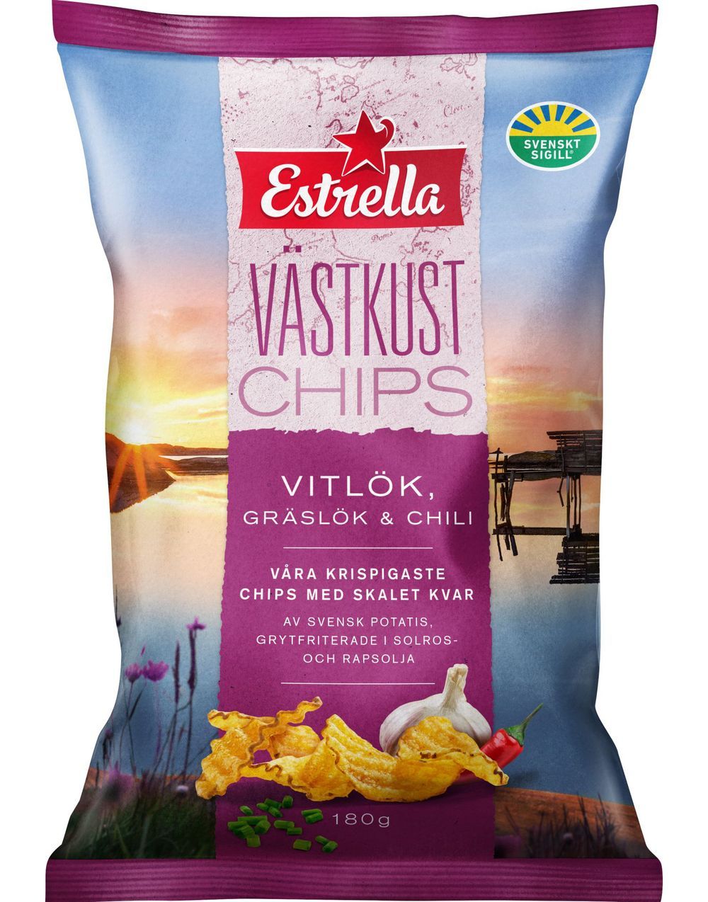Estrella Västkust Chips med Vitløk, Gressløk og Chili 180 gram - Se ...