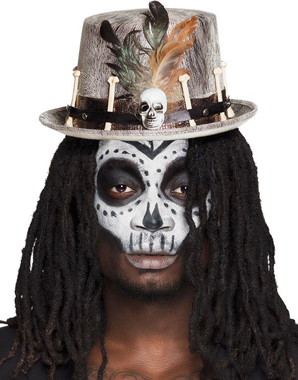 Mønstret Voodoo Flosshatt Pyntet med Skjelett, Bånd og Fjær - Voodoo ...