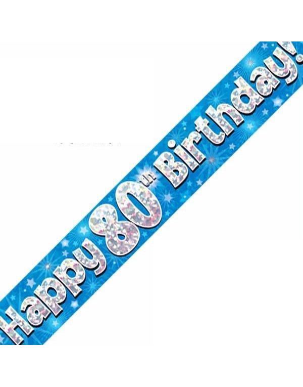 Happy 80th Birthday - 2,7 Meter Blå og Sølvfarget Holografisk Banner ...