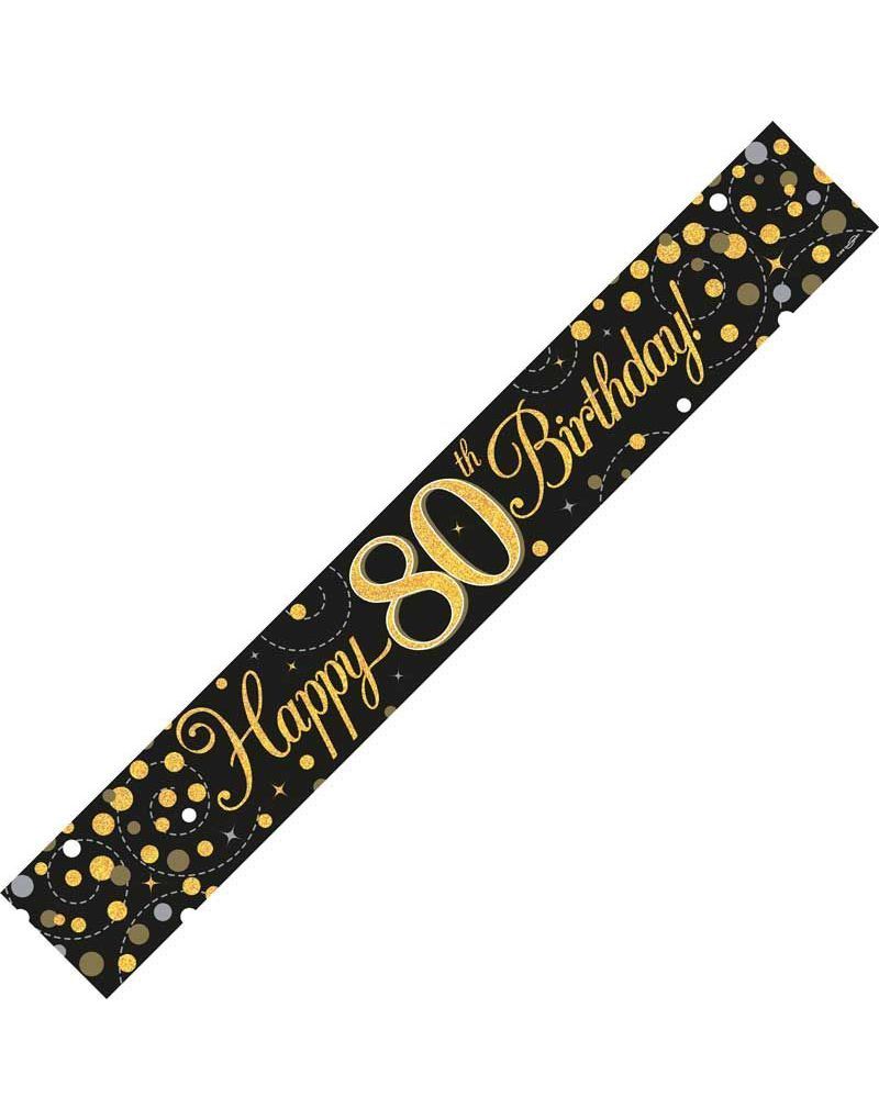 Happy 80th Birthday - 2,7 Meter Svart og Gullfarget Holografisk Banner ...