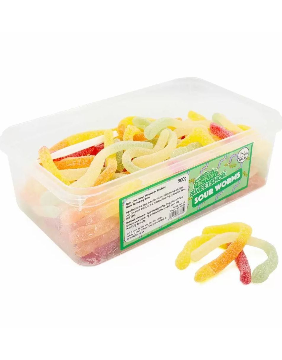 120 stk Sweetshop Sour Worms - Boks med Sure Vingummi-Marker 960 gram ...