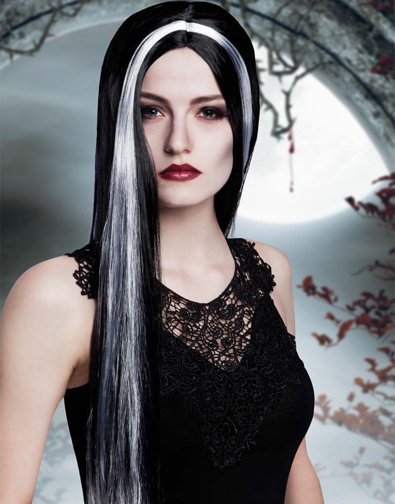 Svart Lang Parykk med Midtskill og Hvite Striper og andre Karneval ...