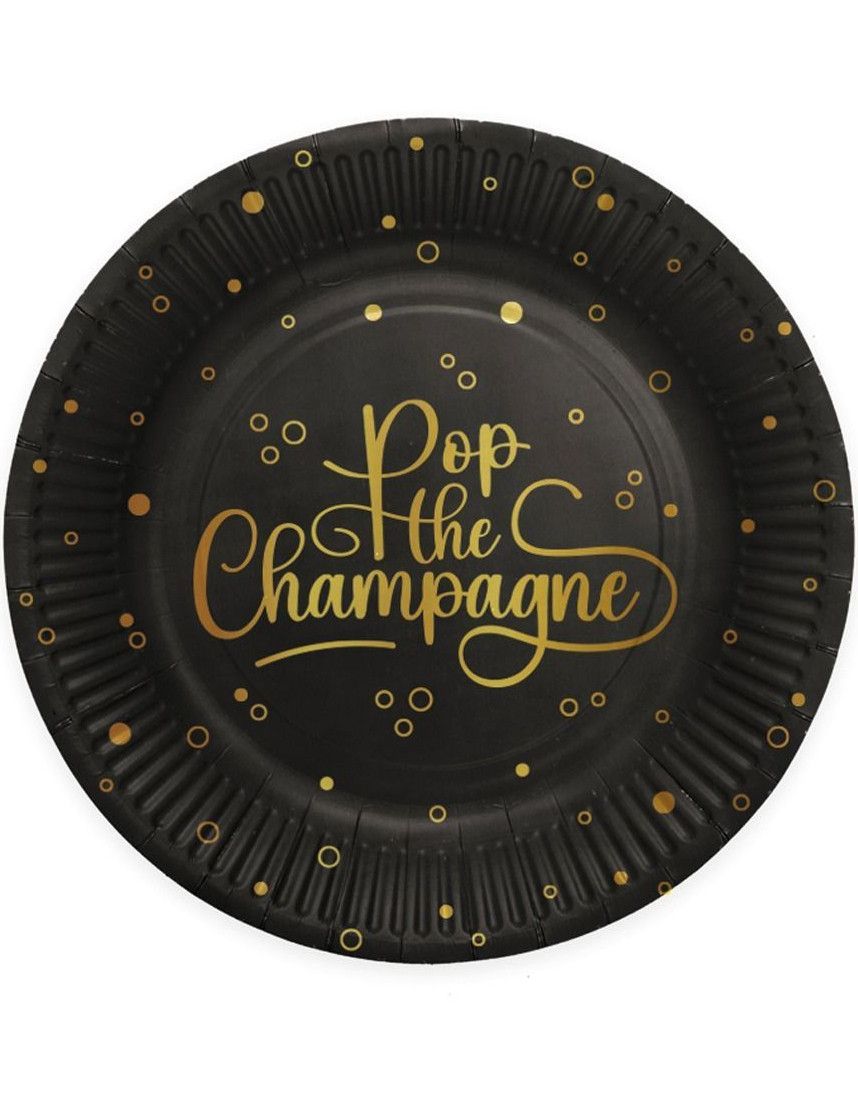 8 stk Pop the Champagne - Svarte Papptallerkener 23 cm - Flate ...